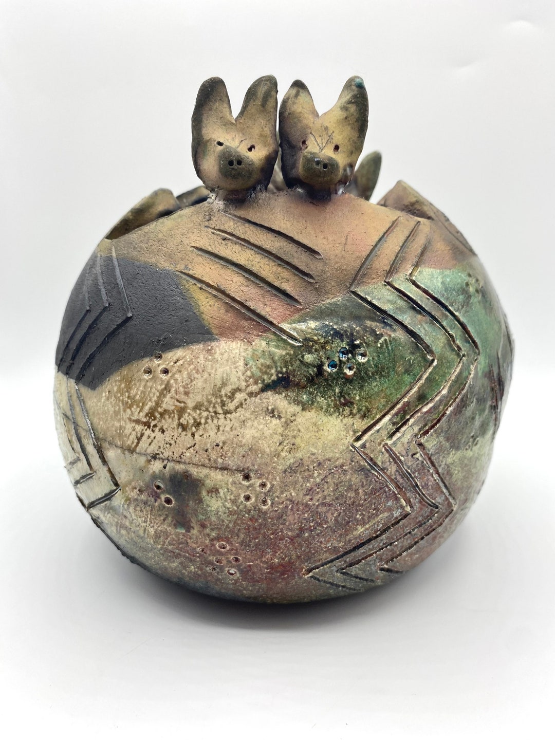 Vintage Metallic Raku Fox Pottery Round Vessel Planter, Unique Raku ...