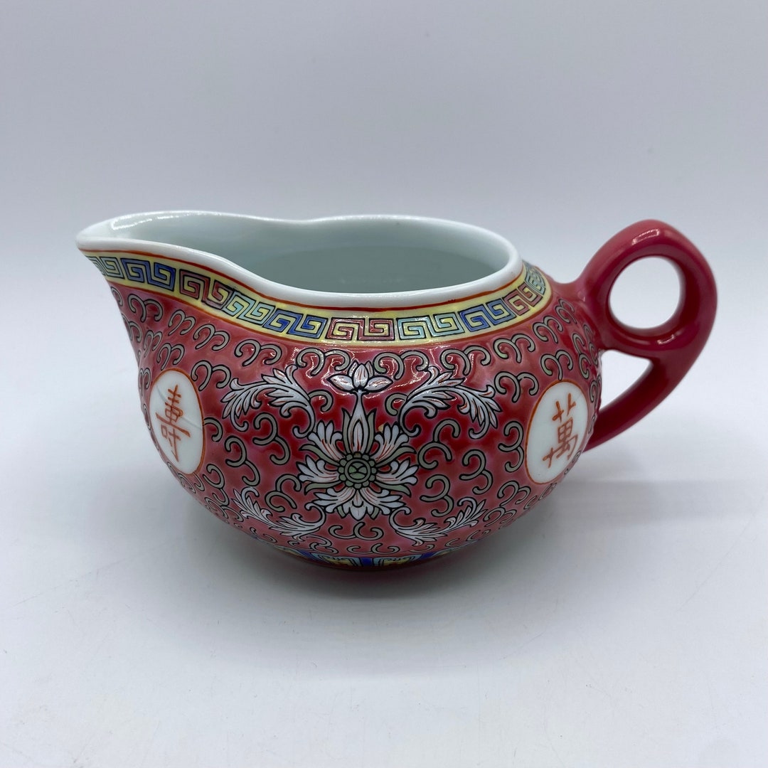 Chinese Famille Rose Coral Red Mun Shou Longevity Pattern Gravy Pitcher ...