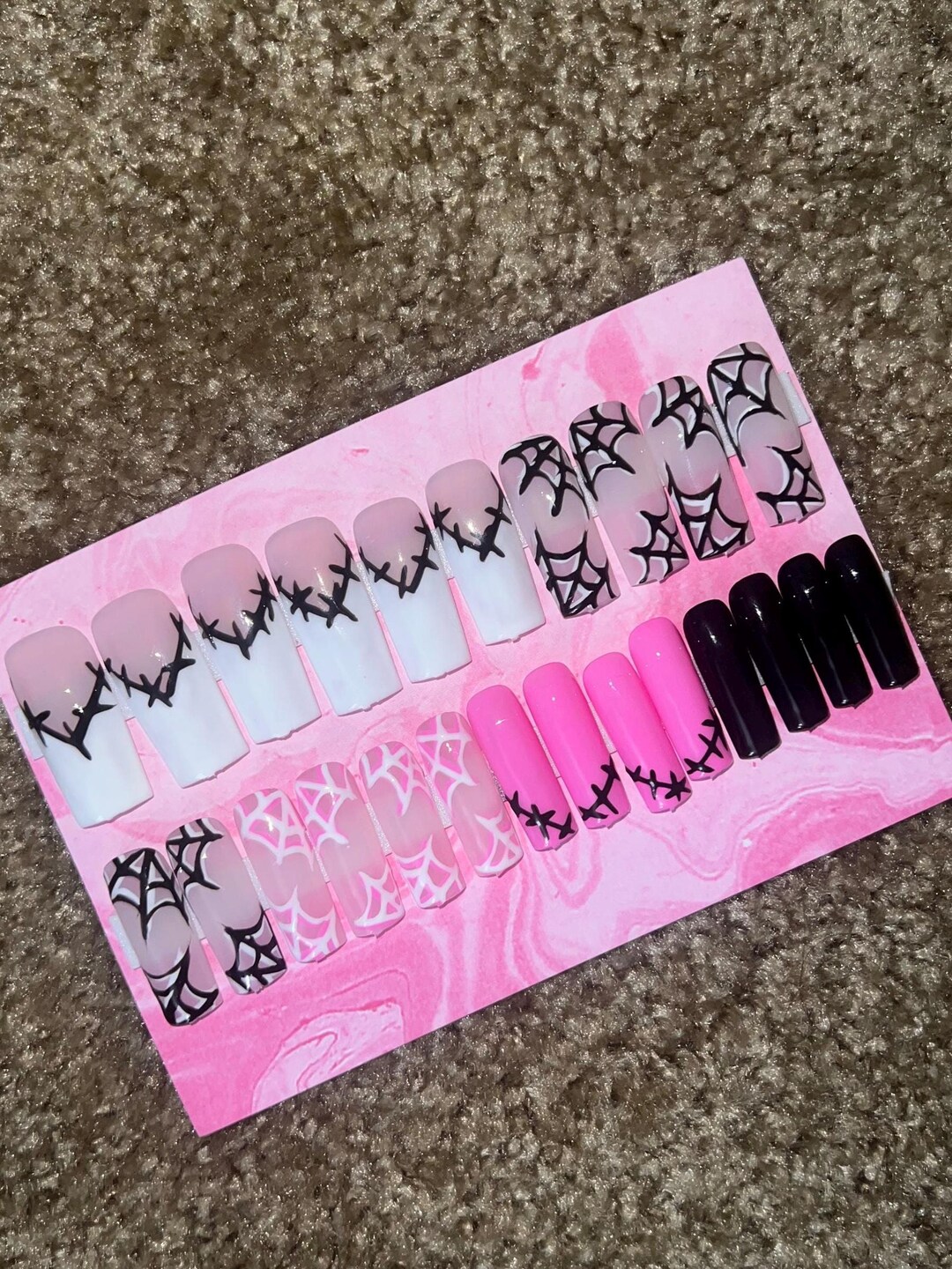 Y2K Halloween Spider Web French Tip Pressons | Pink White French Tip ...