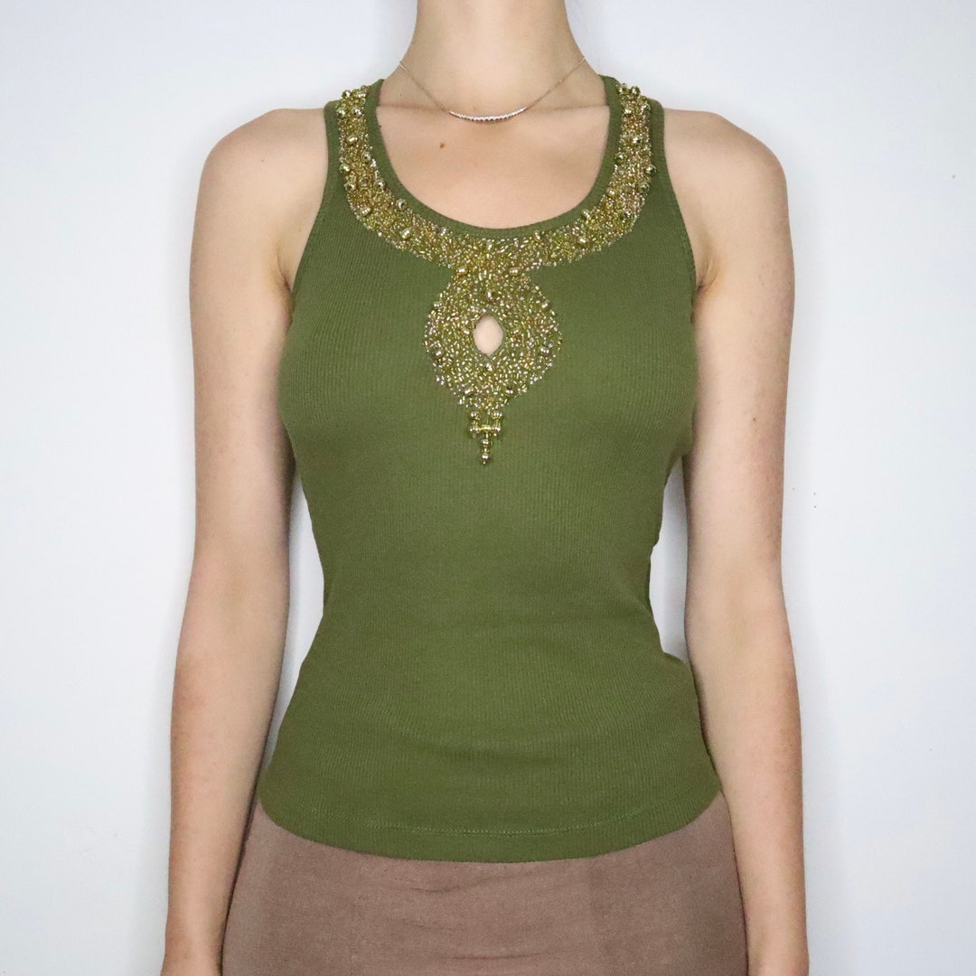 Green Beaded Tank Top small - Etsy
