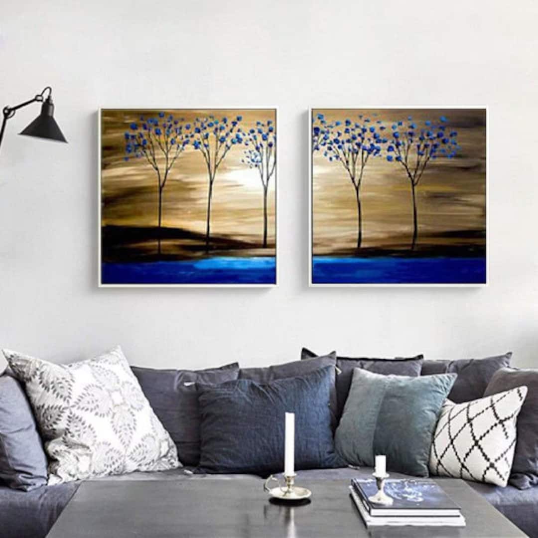 Blue Savanna Large Plants Tree Wall Art Set Bronze Blue Color Set of 2 ...