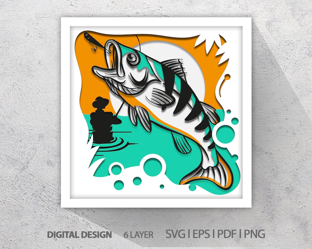 Fisherman & Fish 3D Paper Cut Shadow Box Template (SVG Digital Download ...