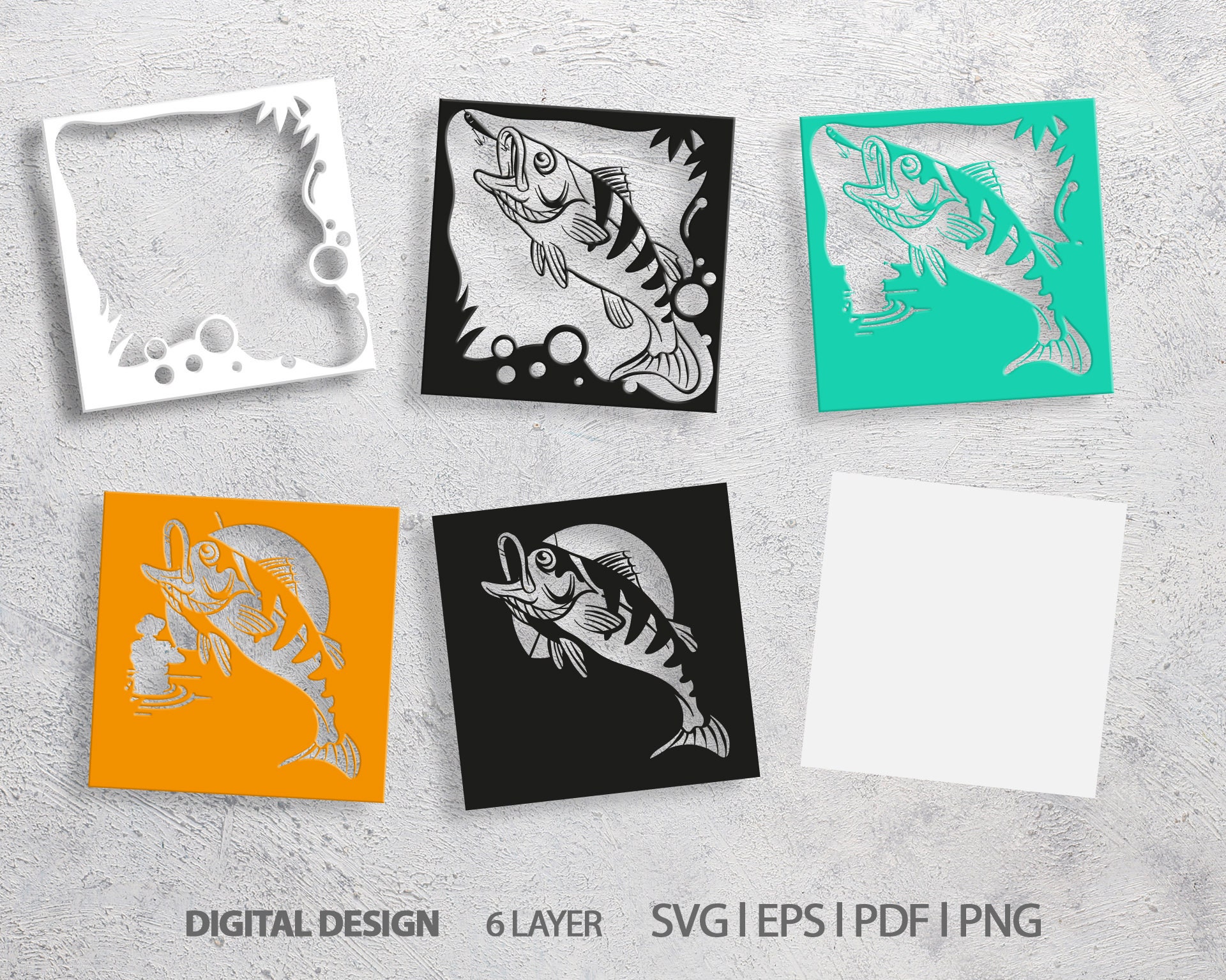 Fisherman & Fish 3D Paper Cut Shadow Box Template (SVG Digital Download ...