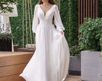 A-line Wedding Dress Illusion Neckline V-neck Long Sleeves High Neck Sheer Back Corset Long ...