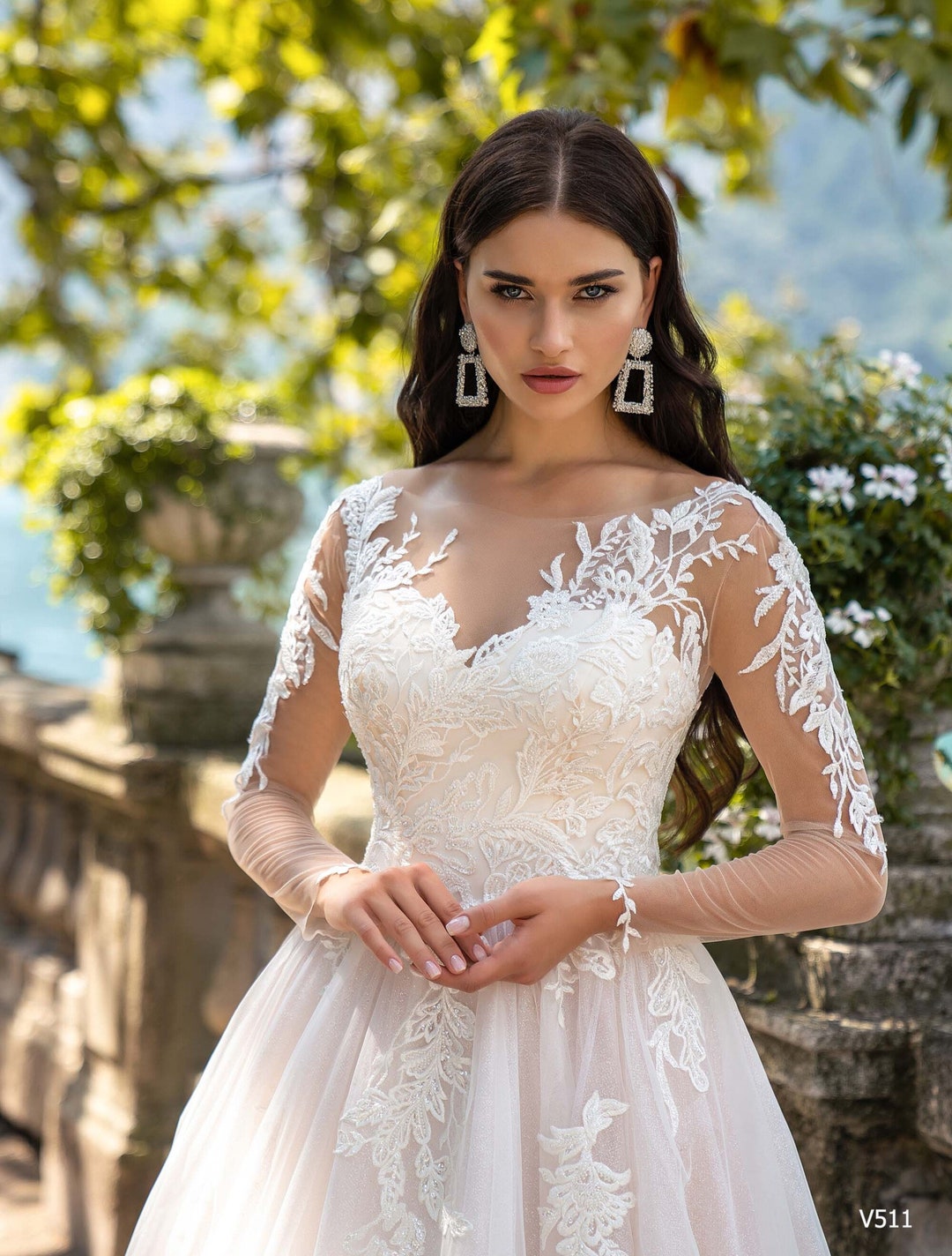 A Line Sheer Neck Sheer Back Long Sleeves Floor Length - Etsy