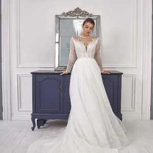 A Line Sheer Neck Sheer Back Long Sleeves Floor Length - Etsy