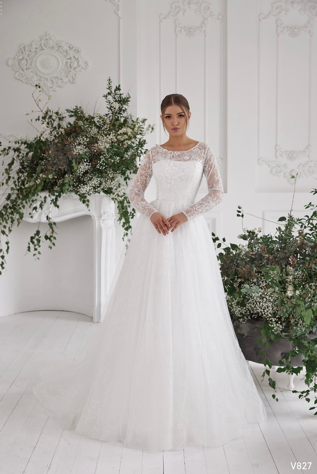 A Line Boat Neck Sheer Back Long Sleeves Floor Length - Etsy