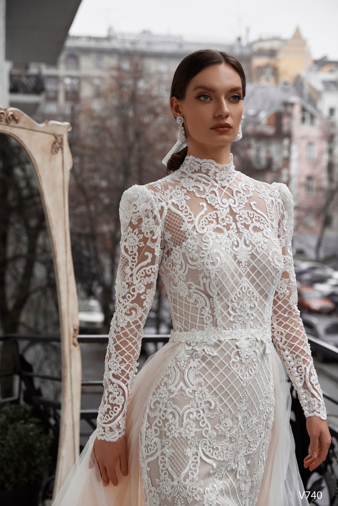 Sheath High Neck High Back Long Sleeves Floor Length Wedding Dress ...