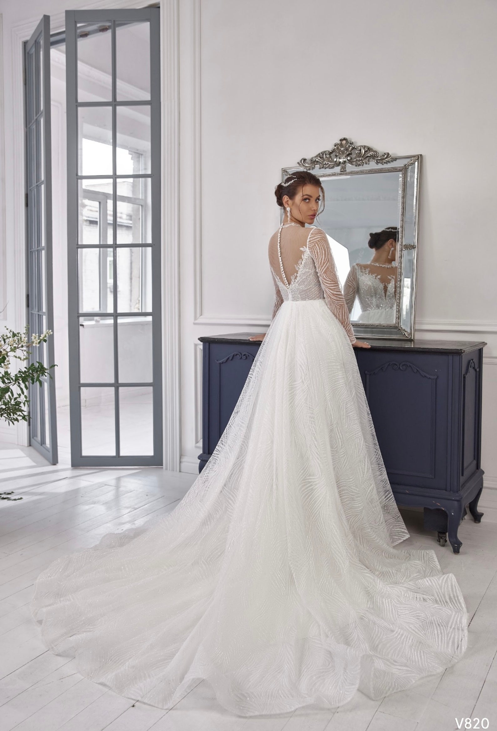 A Line Sheer Neck Sheer Back Long Sleeves Floor Length - Etsy