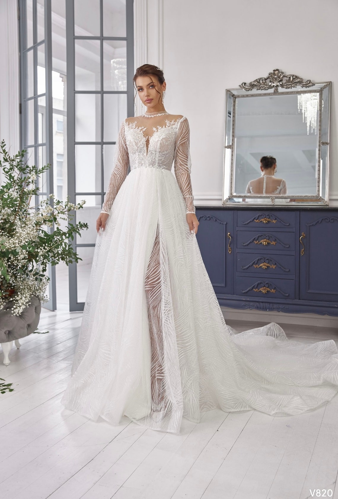 A Line Sheer Neck Sheer Back Long Sleeves Floor Length - Etsy