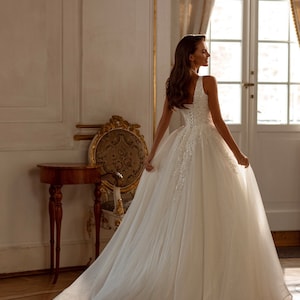 Floral Lace A-line Wedding Dress Corset Back Square Neckline Sparkle ...