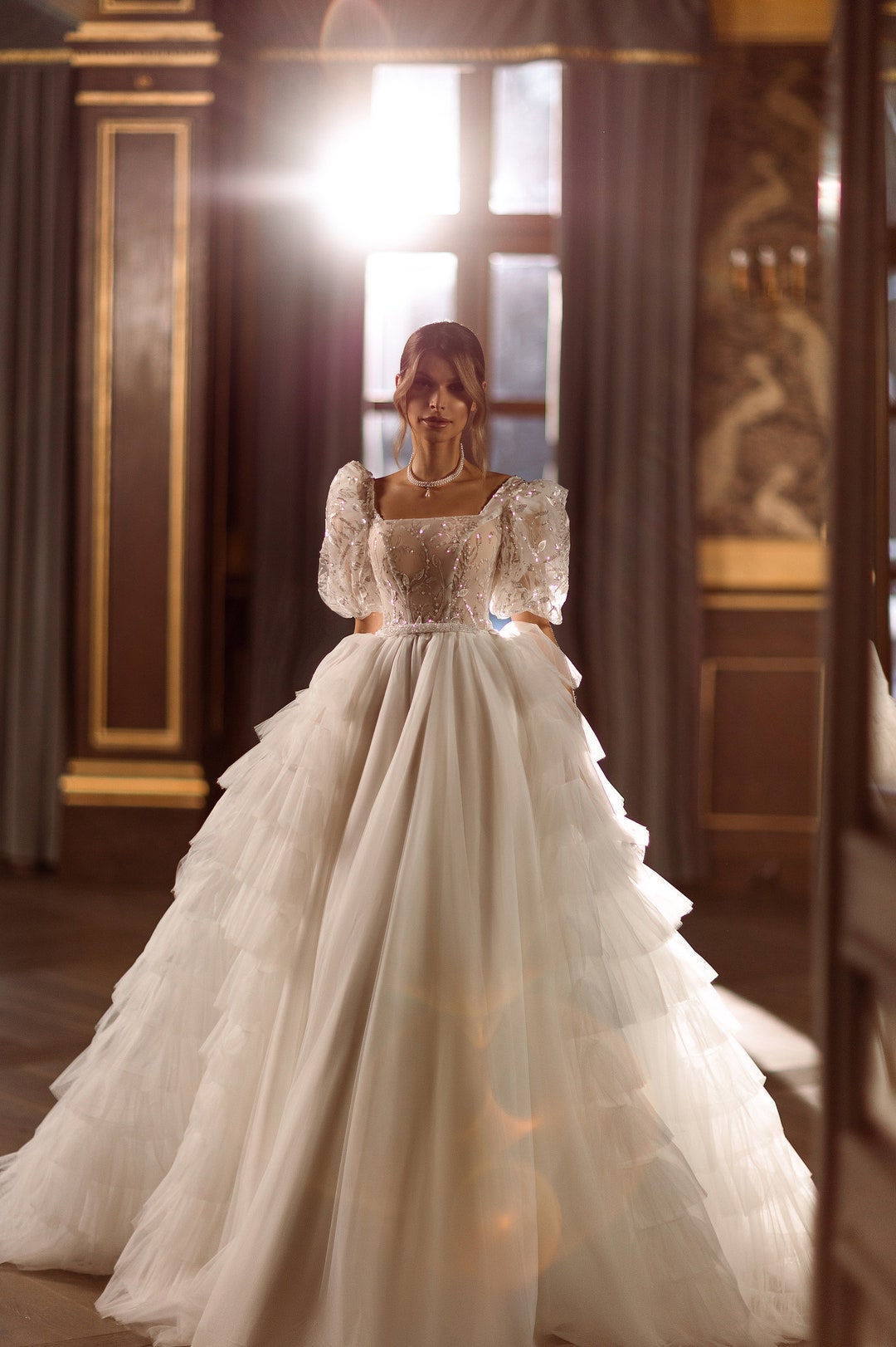 Fairycore Wedding Dress Ballgown Square Neckline Short Sleeves Zip Back ...