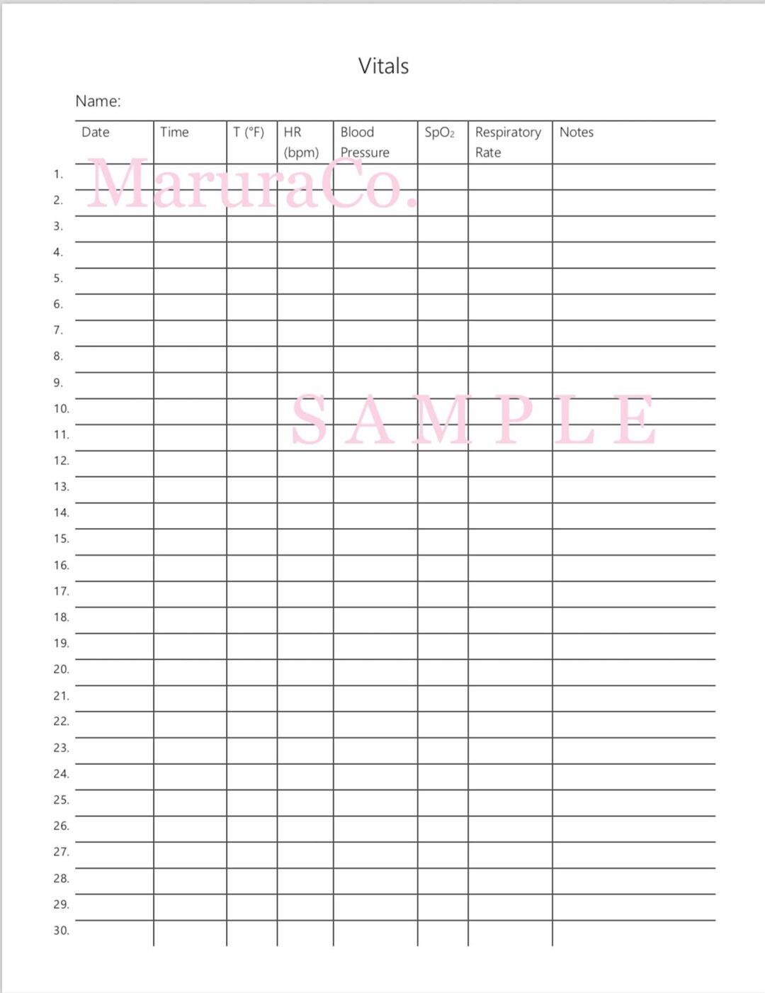 Vitals Log/tracker- Numbered - Etsy