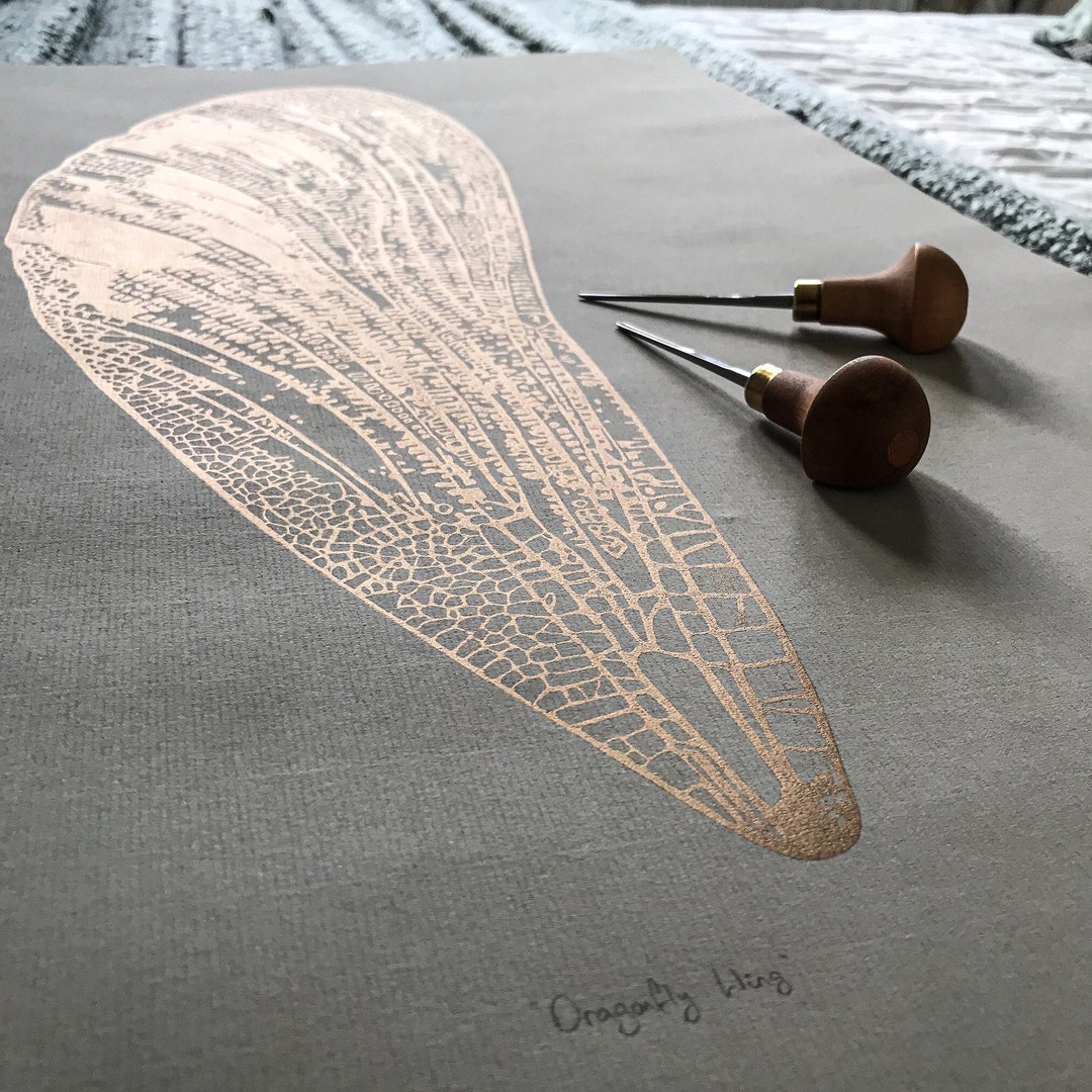 Linocut Print of a Dragonfly Wing, Large, Signed Limited Edition Gold ...
