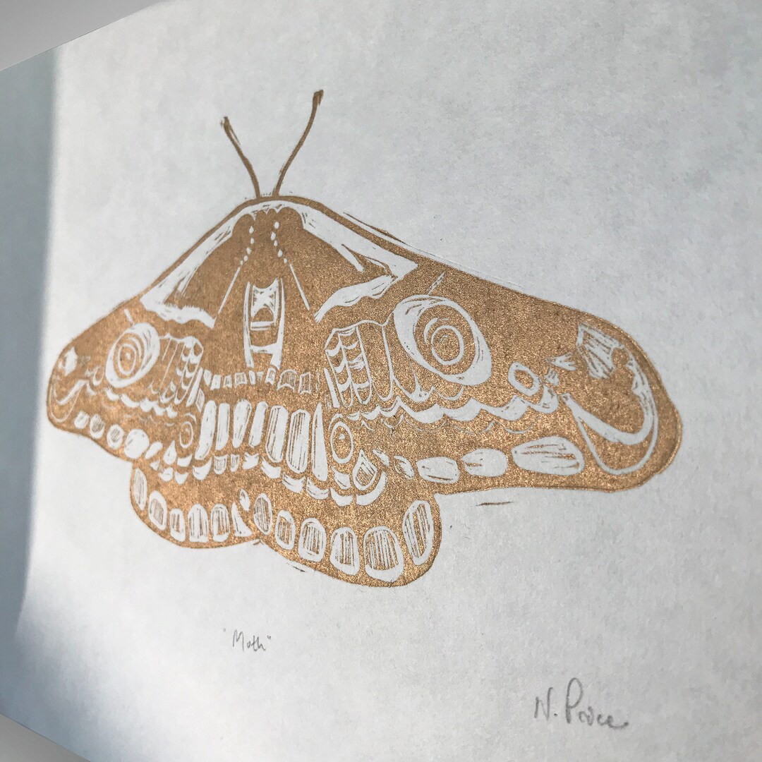 Gold Linocut Print of an Emperor Moth, Signed Original Lino Print ...