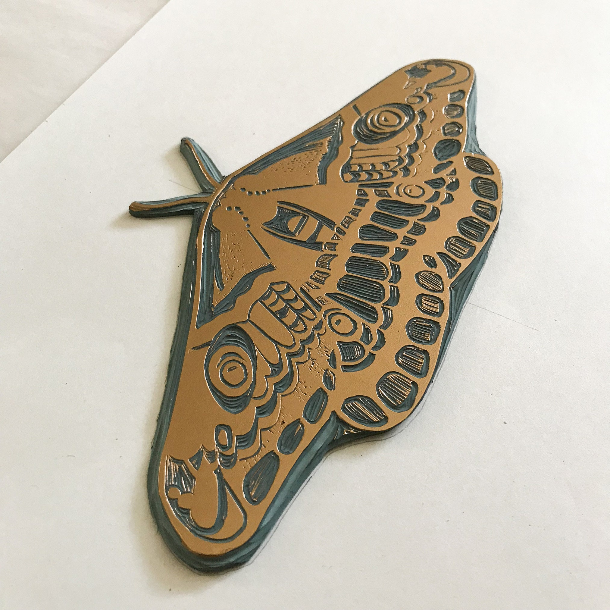 Gold Linocut Print of an Emperor Moth, Signed Original Lino Print ...