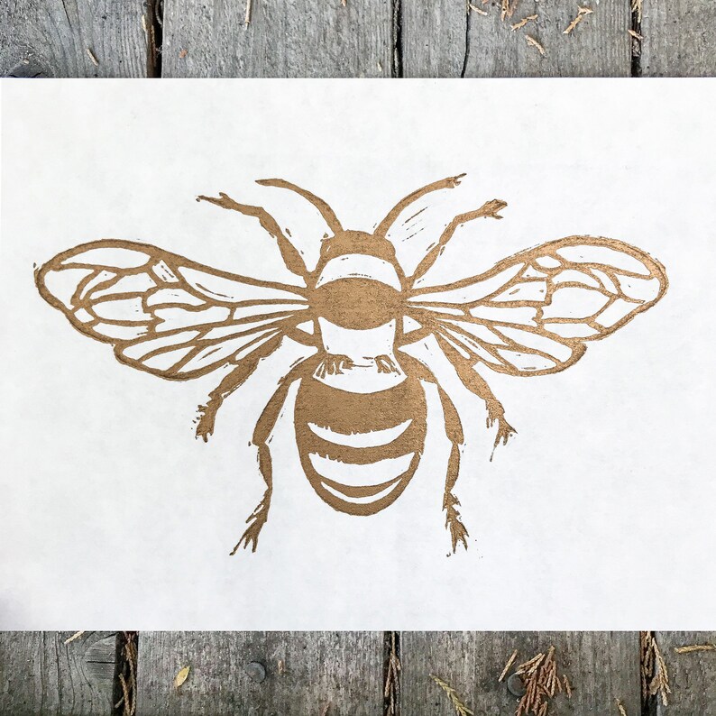 Gold Linocut Print of a Honey Bee, Signed Original Lino Print, Gift for ...