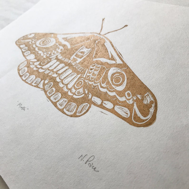 Gold Linocut Print of an Emperor Moth, Signed Original Lino Print ...