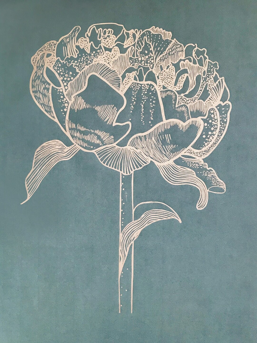 Linocut Print of a Peony on Dark Green Paper, Large Artwork, Signed ...