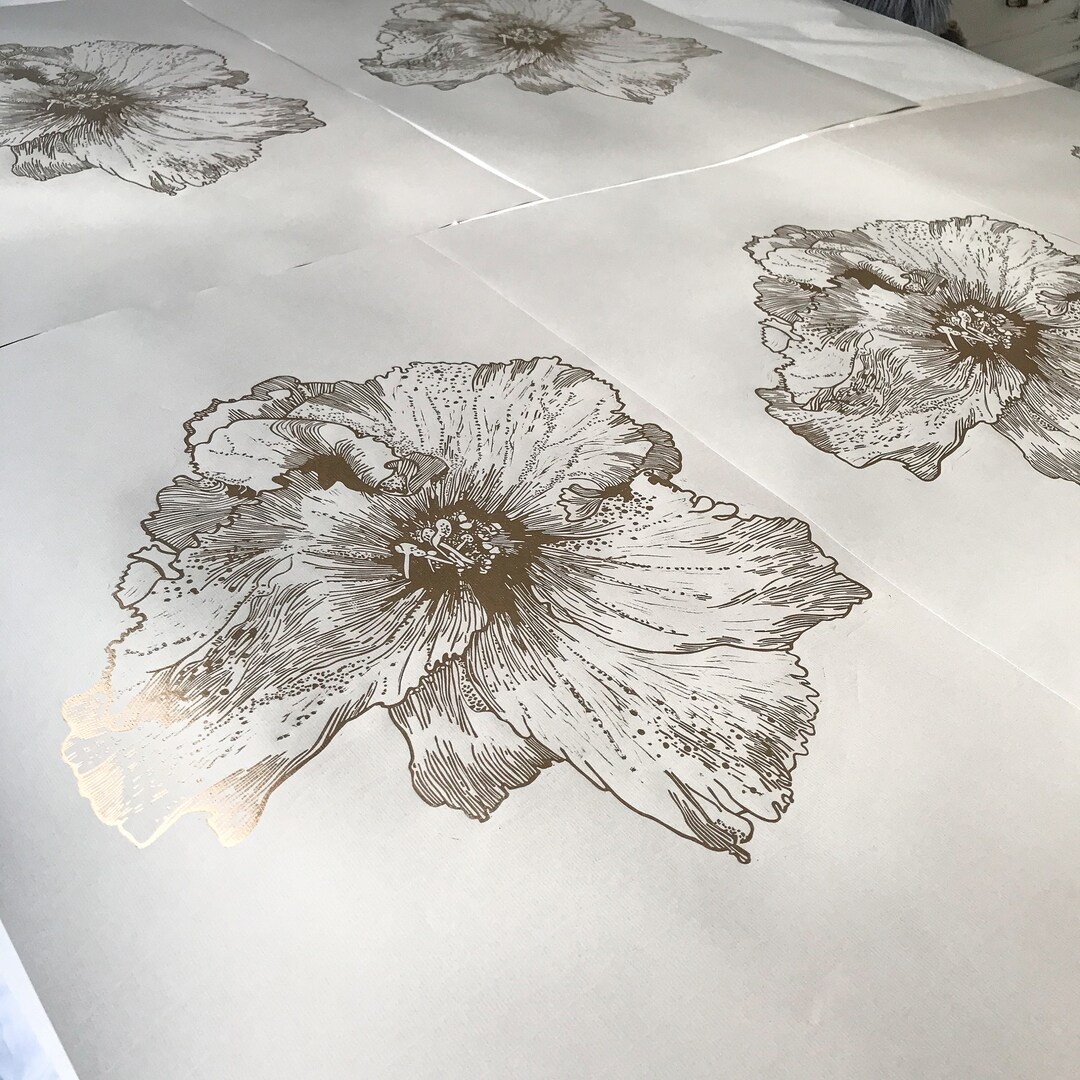 Linocut Print of a Hibiscus Flower on Grey Ingres Paper, Large, Signed ...