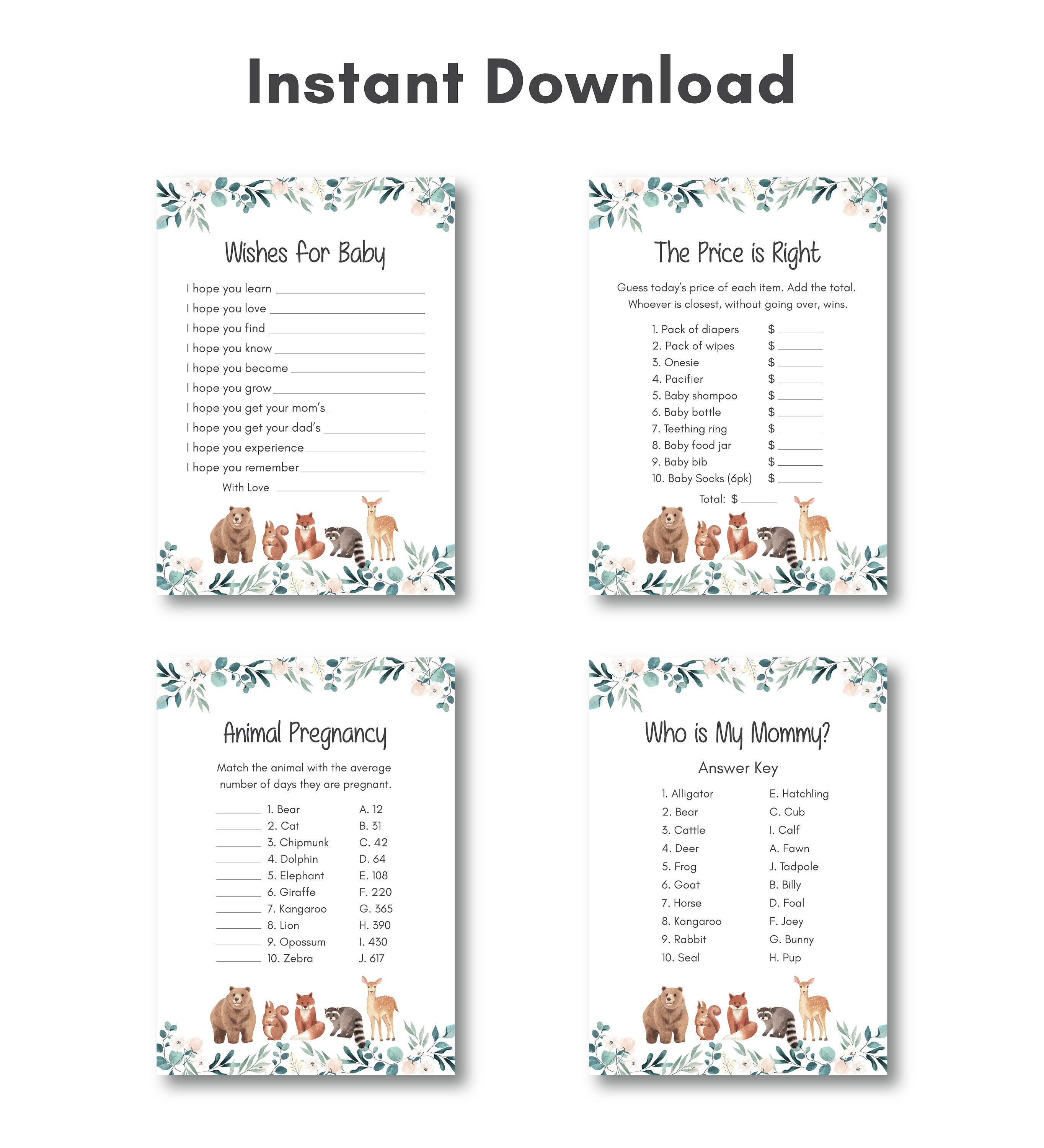Woodland Animals Baby Shower Games, Printable Baby Shower Games Bundle ...