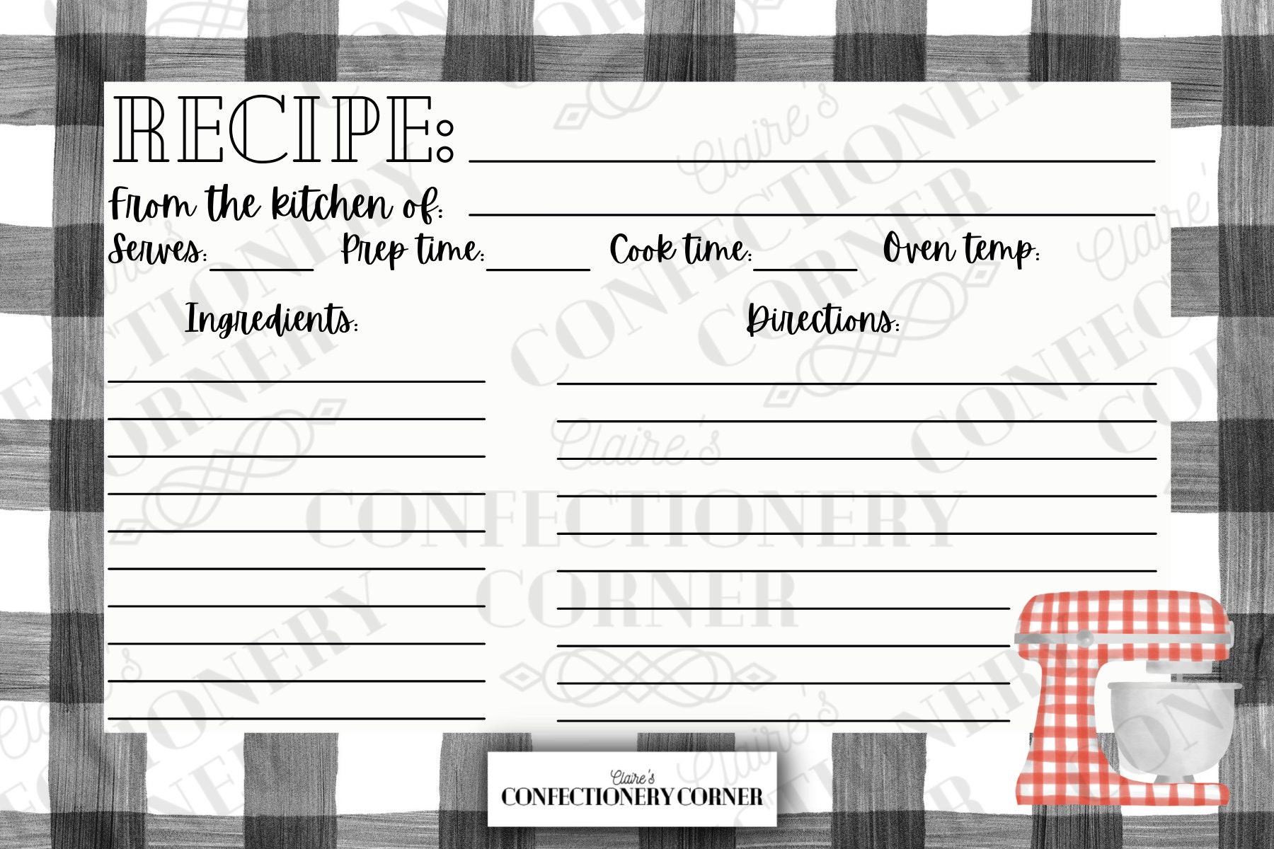 Printable Christmas Recipe Card Watercolor Gingham Buffalo - Etsy