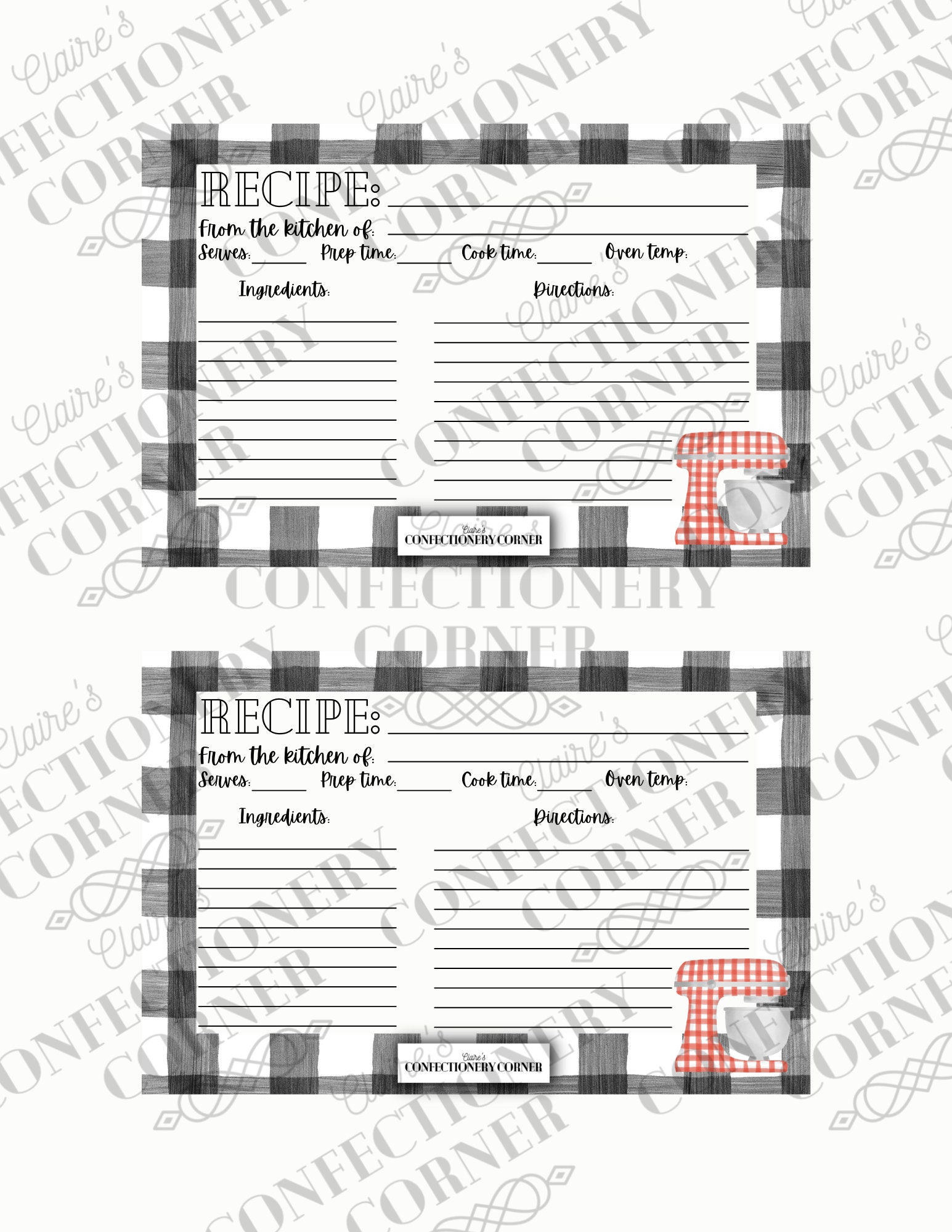 Printable Christmas Recipe Card Watercolor Gingham Buffalo - Etsy