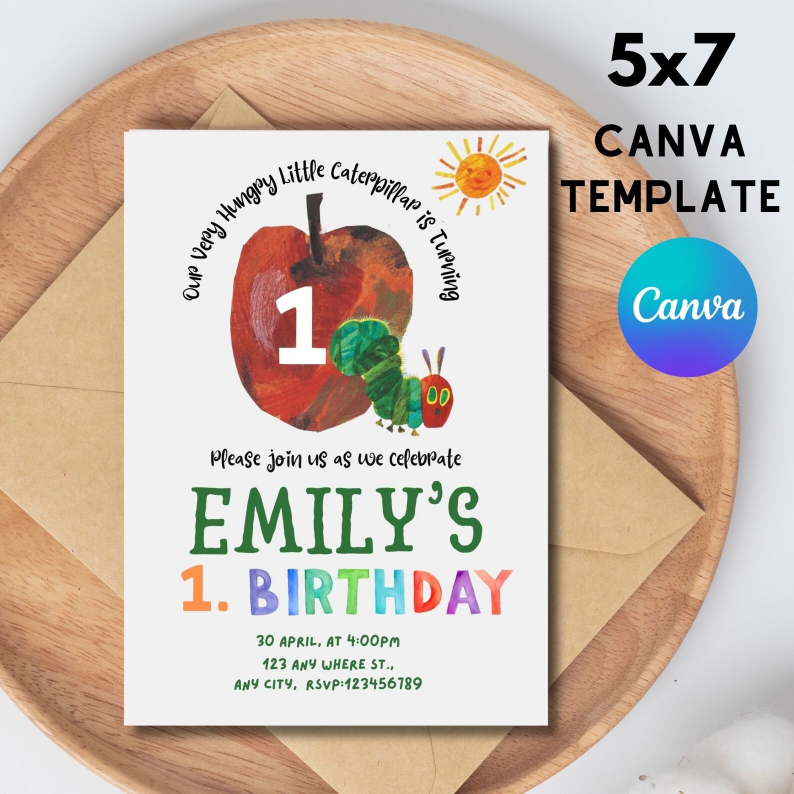 The Very Hungry Caterpillar 1st Birthday Invitation: Editable Canva ...