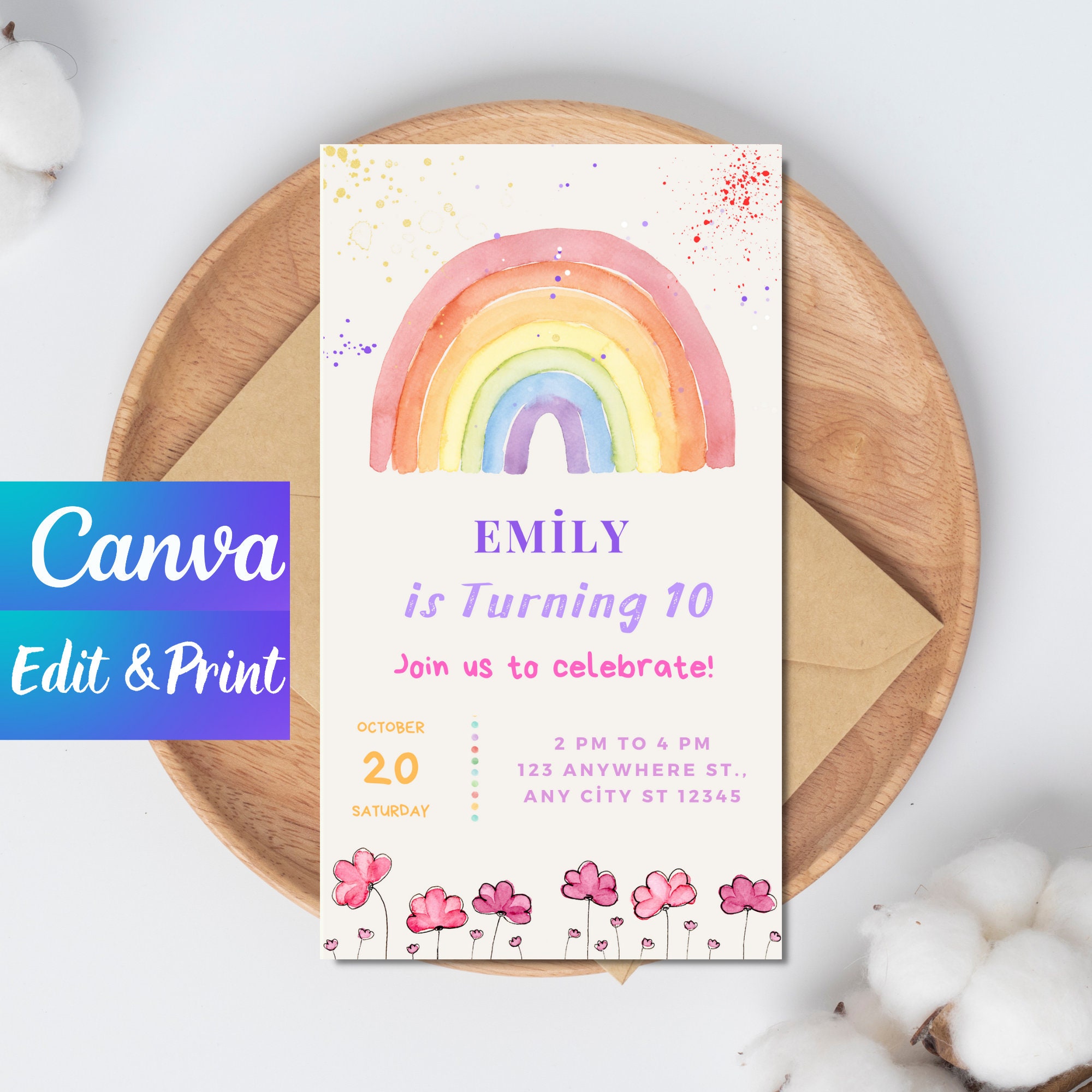 DIY Canva Digital Rainbow Party Invitation , Personalized Birthday ...