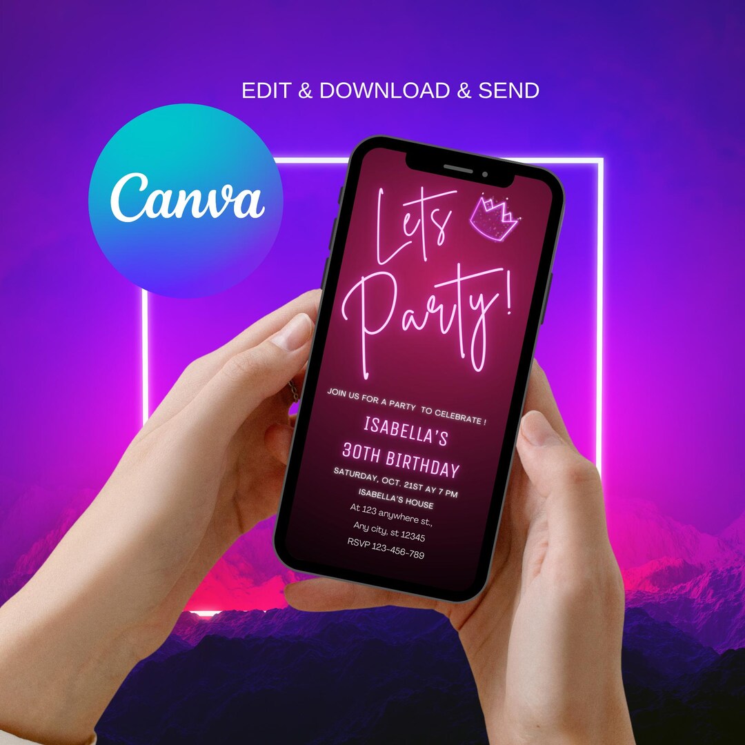 Pink Neon Birthday Invitation Template, Mobile Phone Invite Digital ...