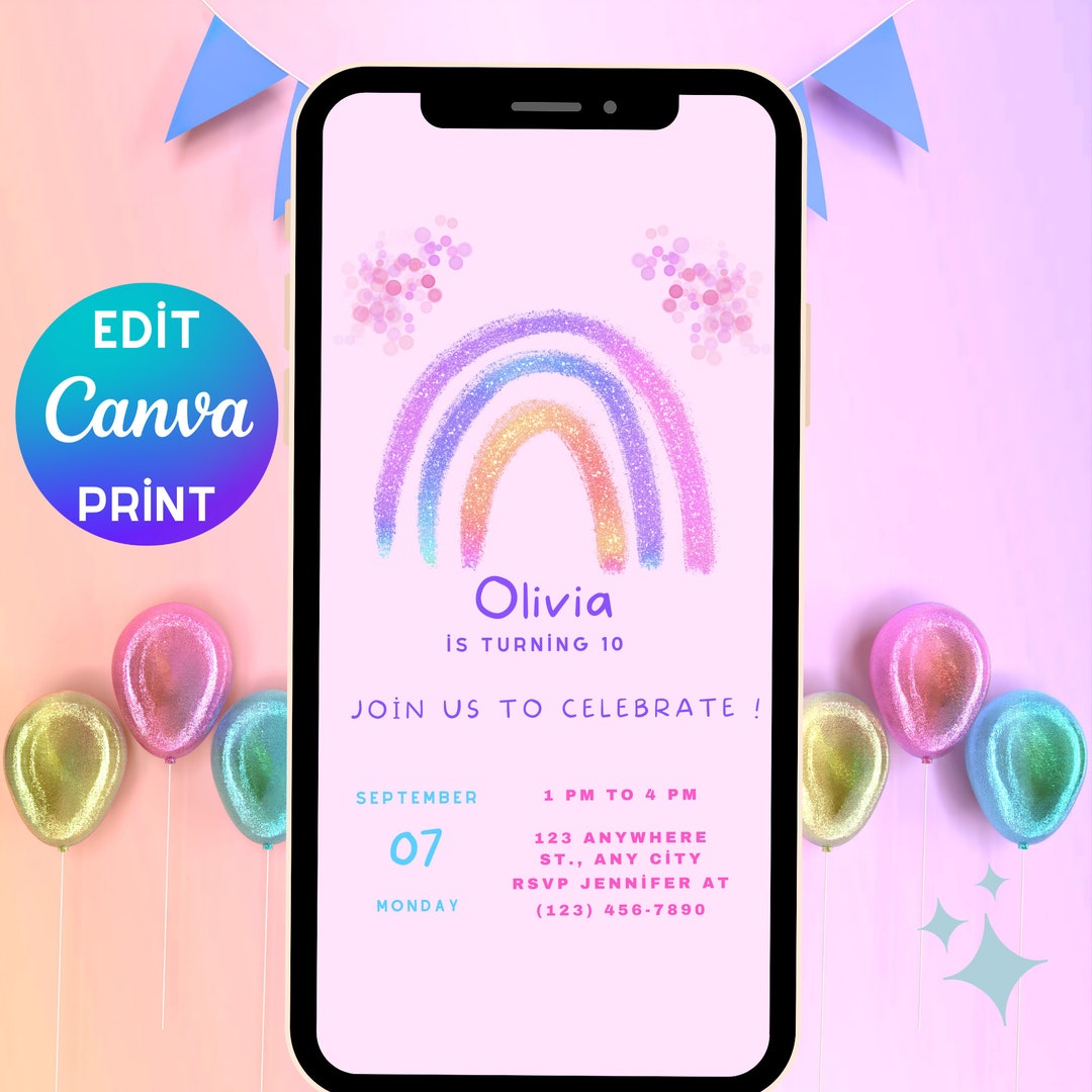 Rainbow Birthday Invitation Template: DIY Canva Electronic Invite (SMS ...