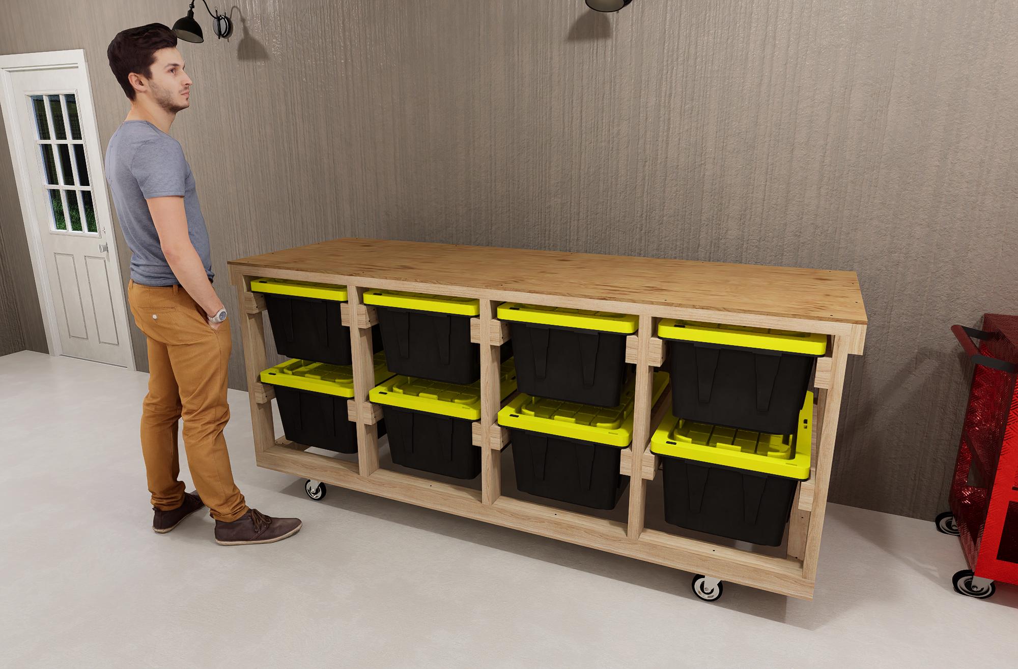 Mobile Tote Storage Rack With Workbench Plans , 27 Gallon Tote Storage ...