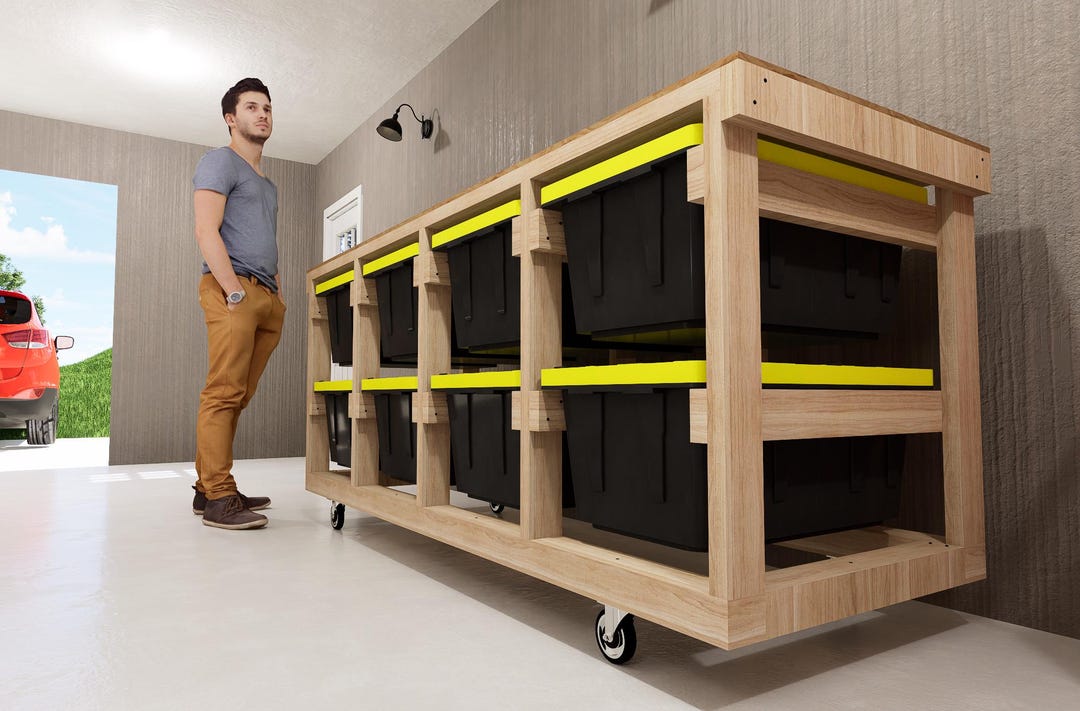 Mobile Tote Storage Rack With Workbench Plans , 27 Gallon Tote Storage ...