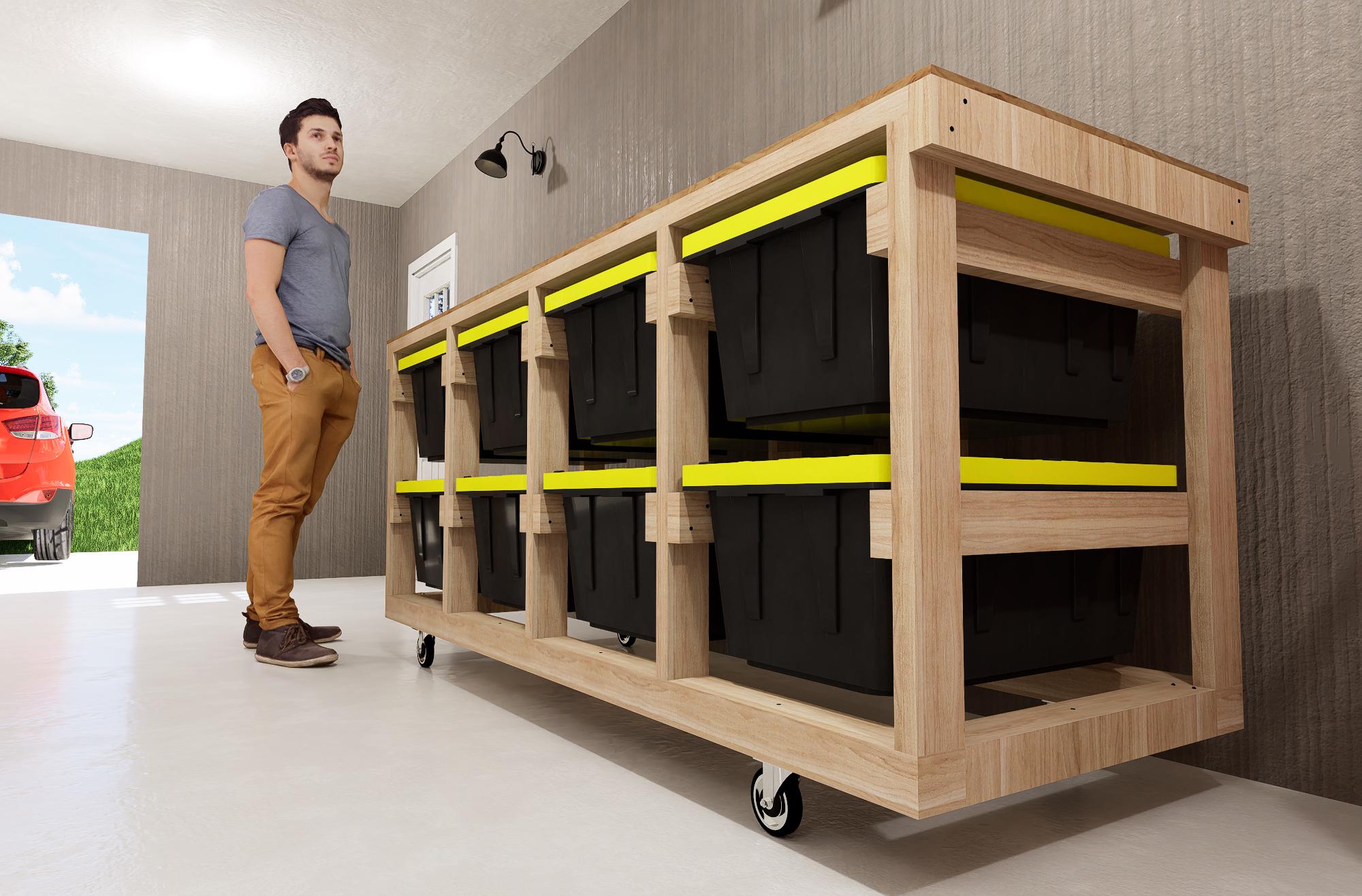 Mobile Tote Storage Rack With Workbench Plans , 27 Gallon Tote Storage ...