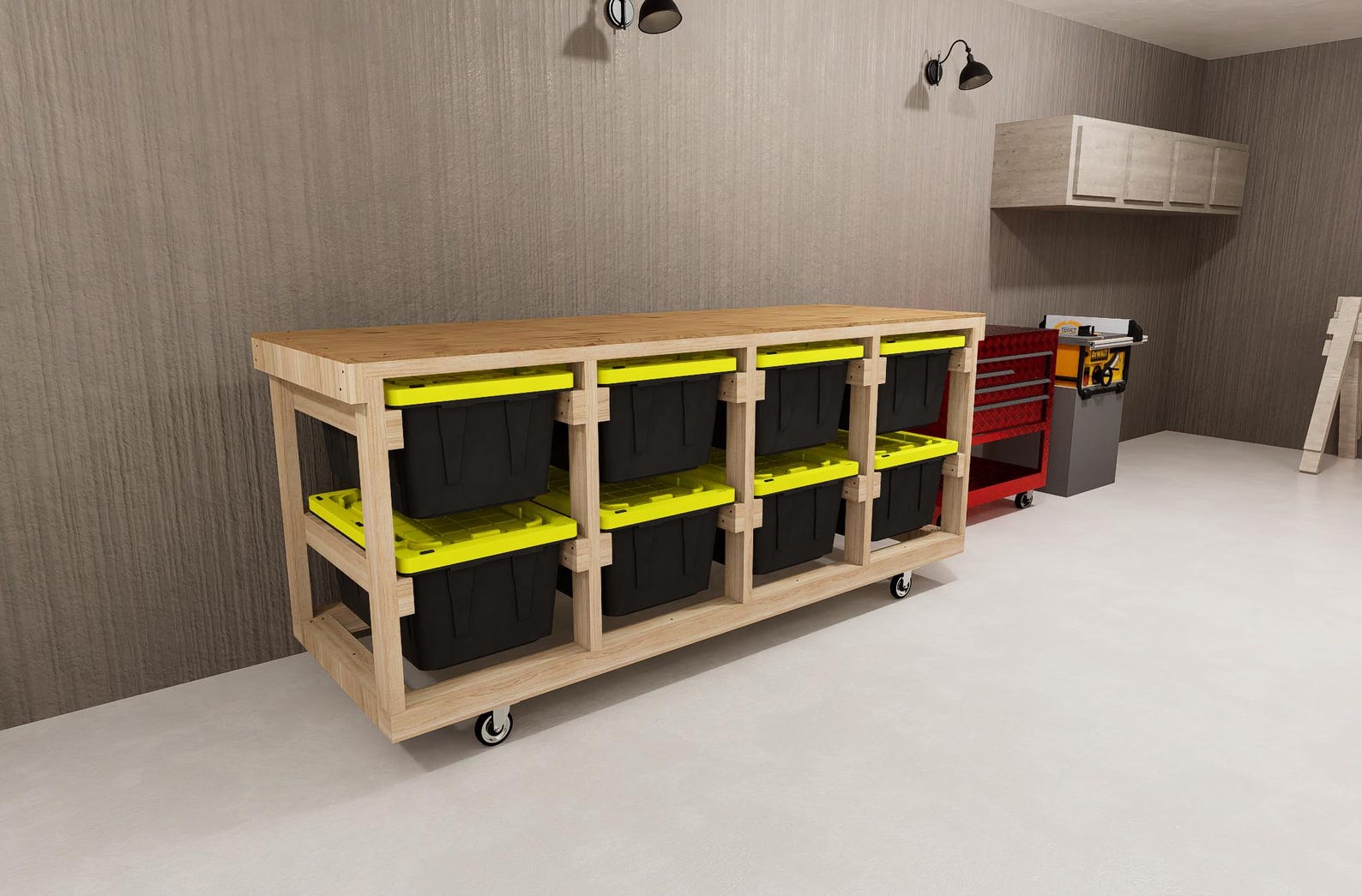 Mobile Tote Storage Rack With Workbench Plans , 27 Gallon Tote Storage ...