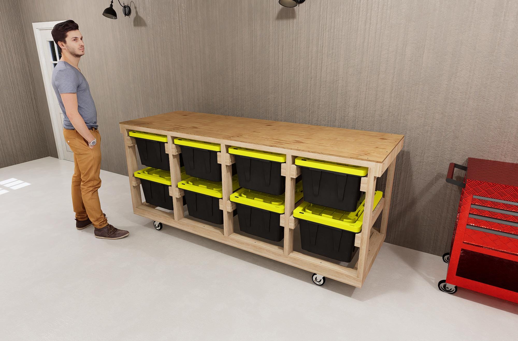 Mobile Tote Storage Rack With Workbench Plans , 27 Gallon Tote Storage ...