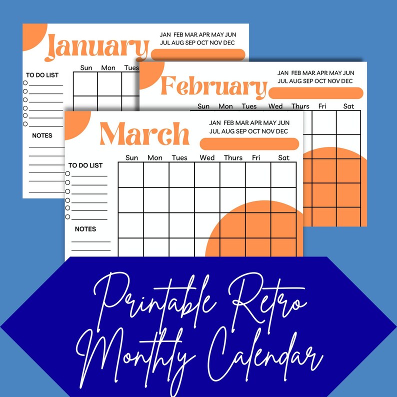 Printable Orange Retro Blank Calendar, Monthly Retro Blank Calendar ...