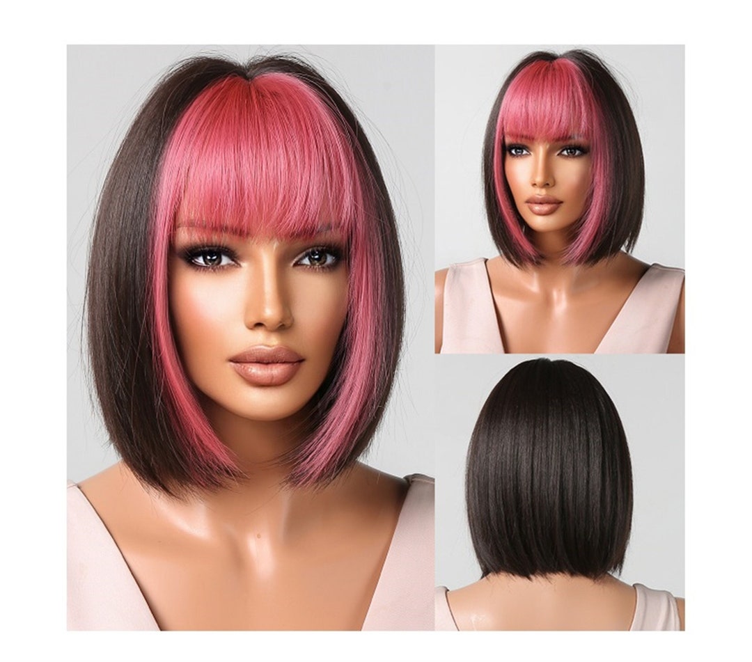 Women Dark Brown BOB Wig Pink Highlights Hair With Fluffy - Etsy