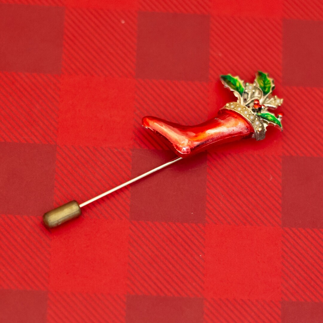Vintage Christmas Red Sock Mistletoe Floral Stick Pin - O30 - Etsy