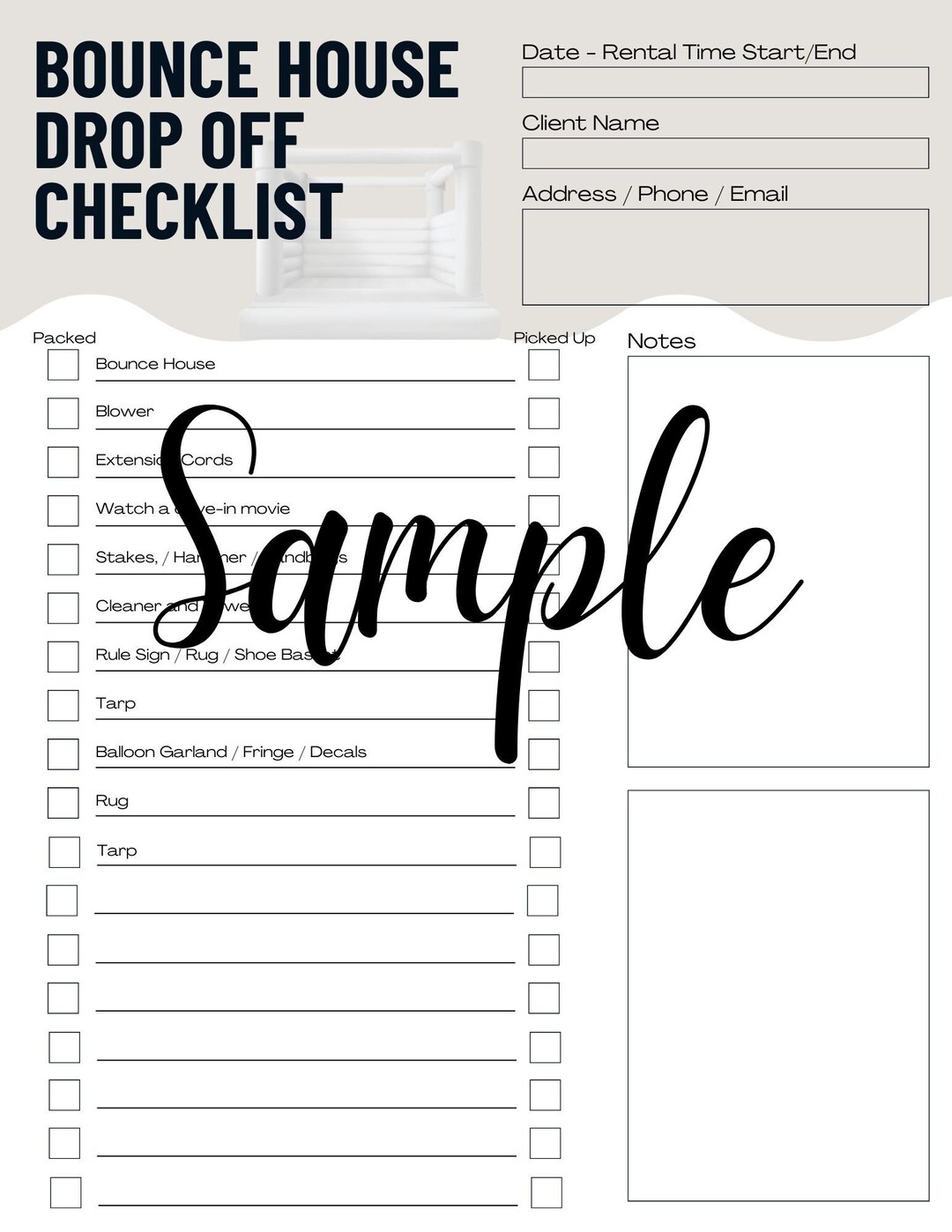 Bounce House Drop off Checklist, Printable Checklist, Bounce House ...