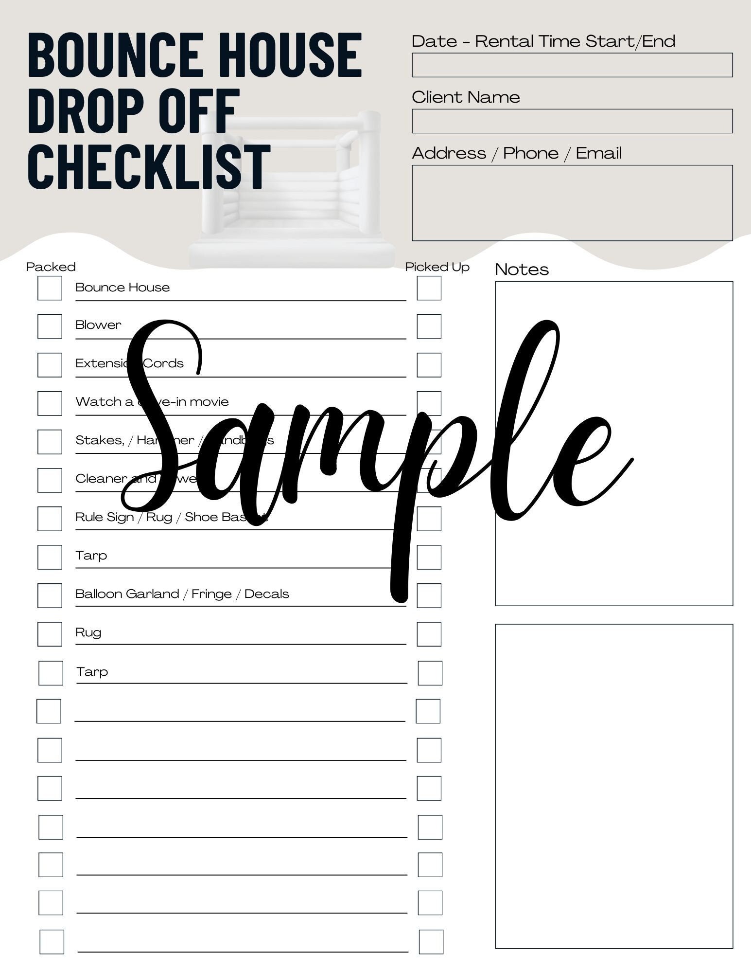 Bounce House Drop off Checklist, Printable Checklist, Bounce House ...