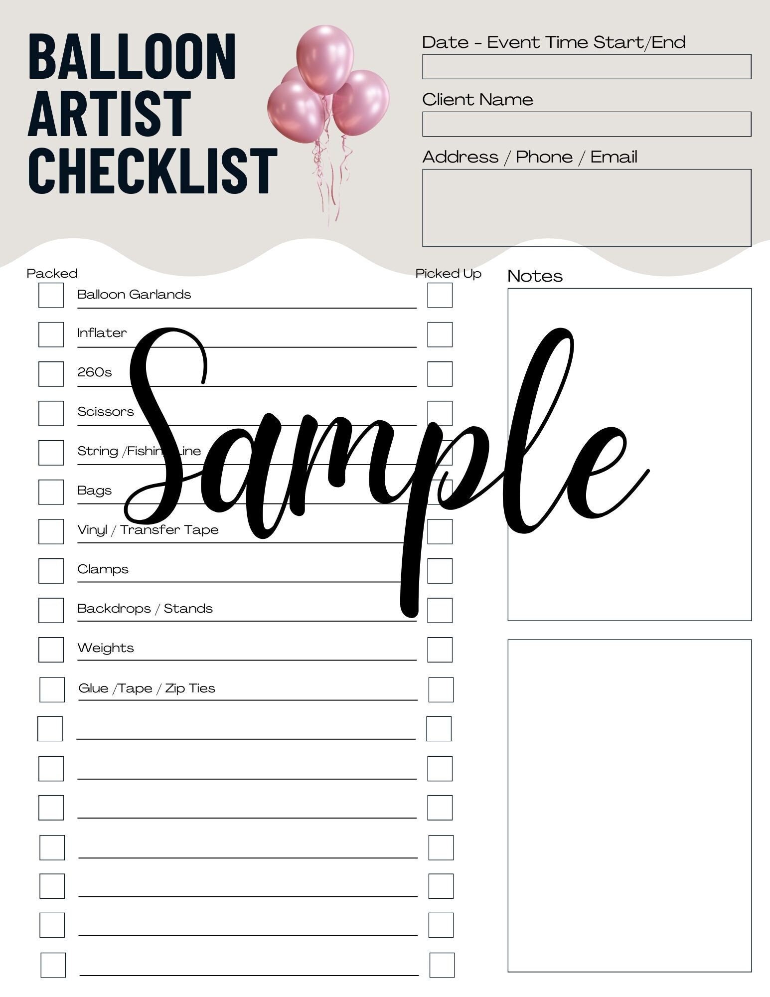 Balloon Artist Checklist, Printable Checklist, Balloon Business ...