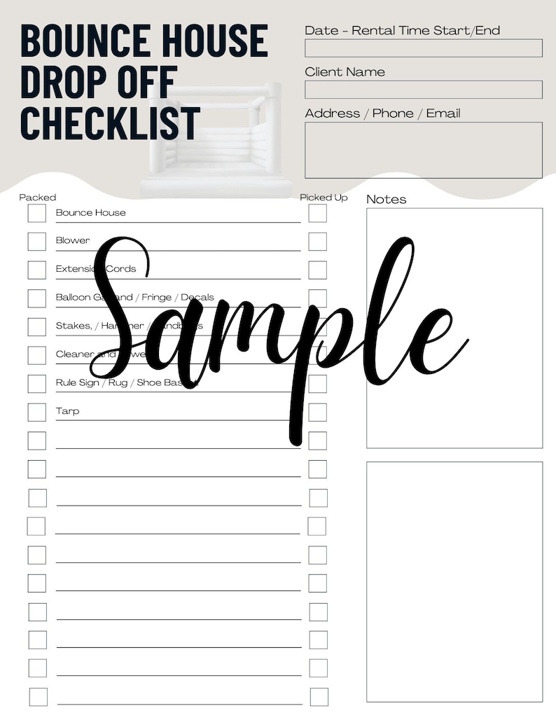 Bounce House Drop off Checklist, Printable Checklist, Bounce House ...