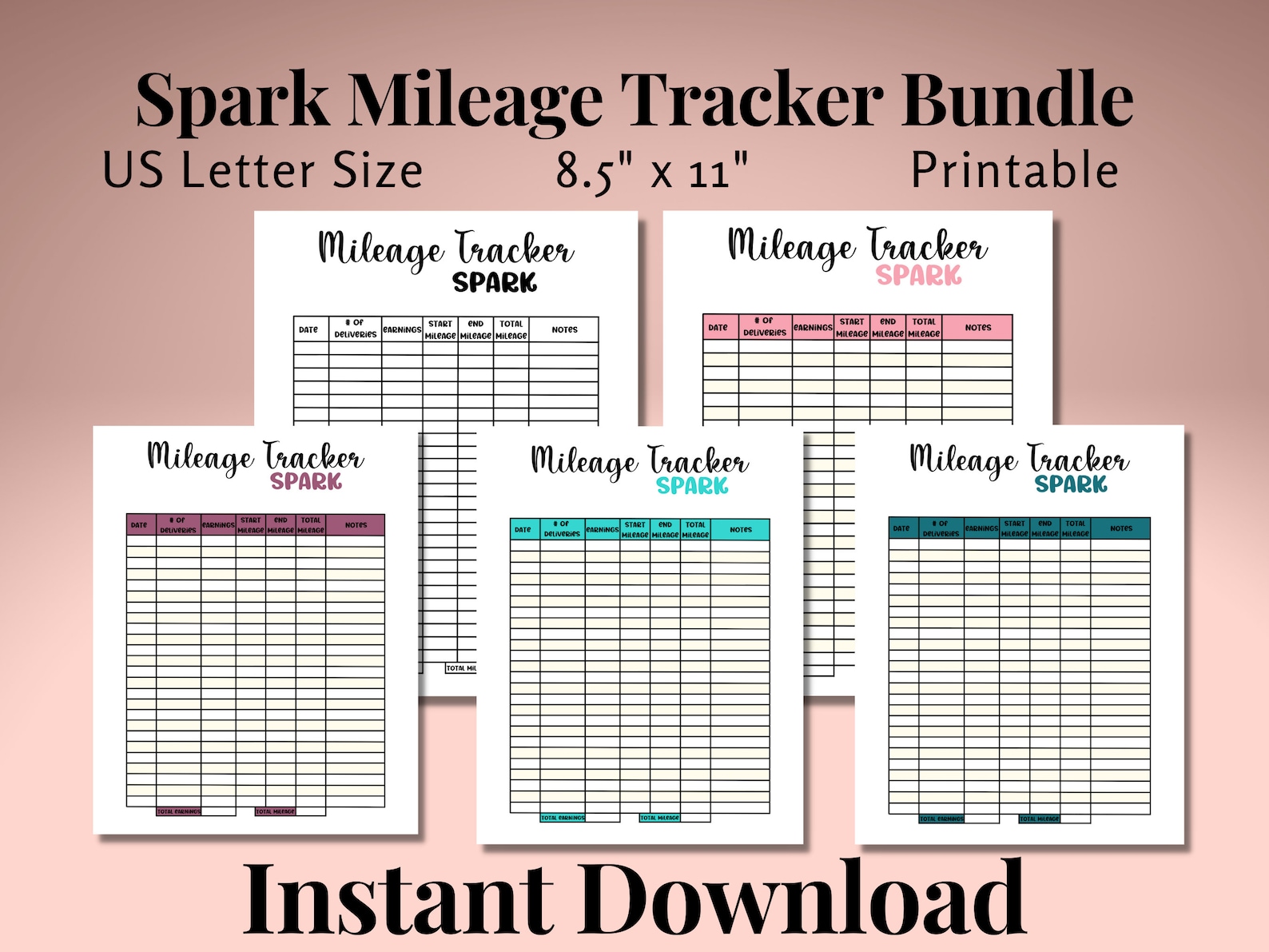 Spark Mileage Tracker Bundle Printable, Log Book Planner Taxes, Gig ...