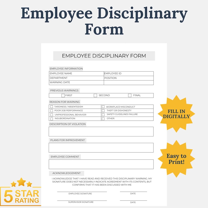 Employee Disciplinary Form | Fillable PDF & Printable Template ...