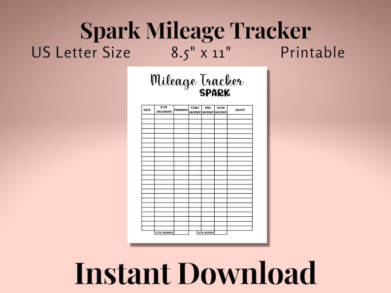 Spark Mileage Tracker Printable, Log Book Planner Taxes, Gig Apps ...