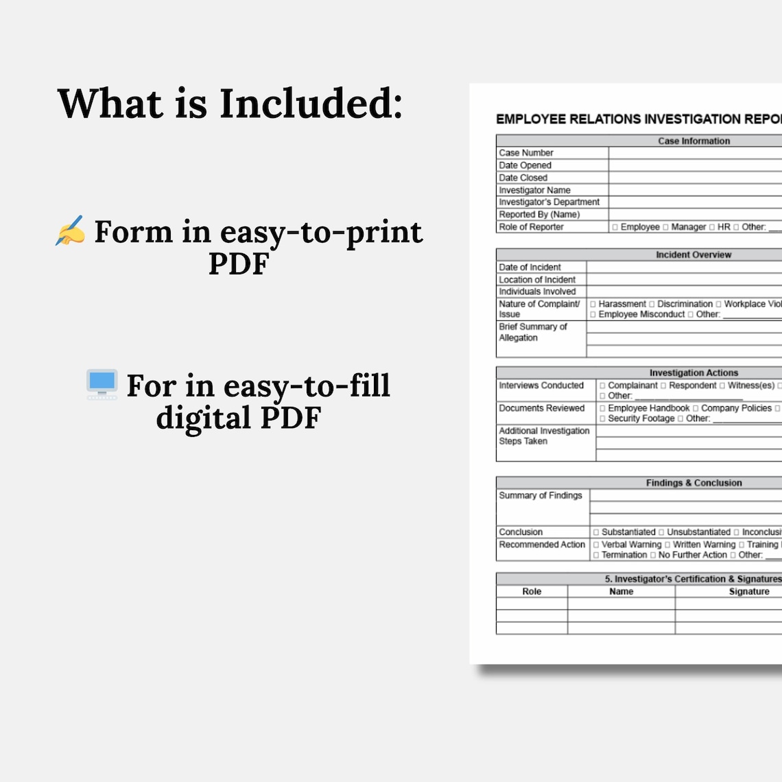 Employee Relations Investigation Report | Fillable Digital HR Form ...