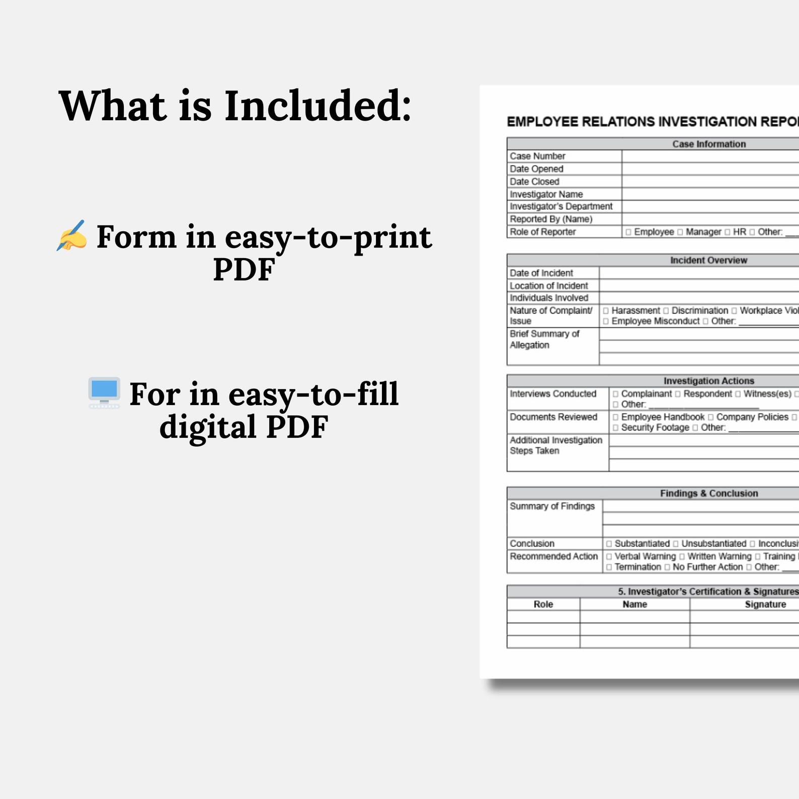 Employee Relations Investigation Report | Fillable Digital HR Form ...