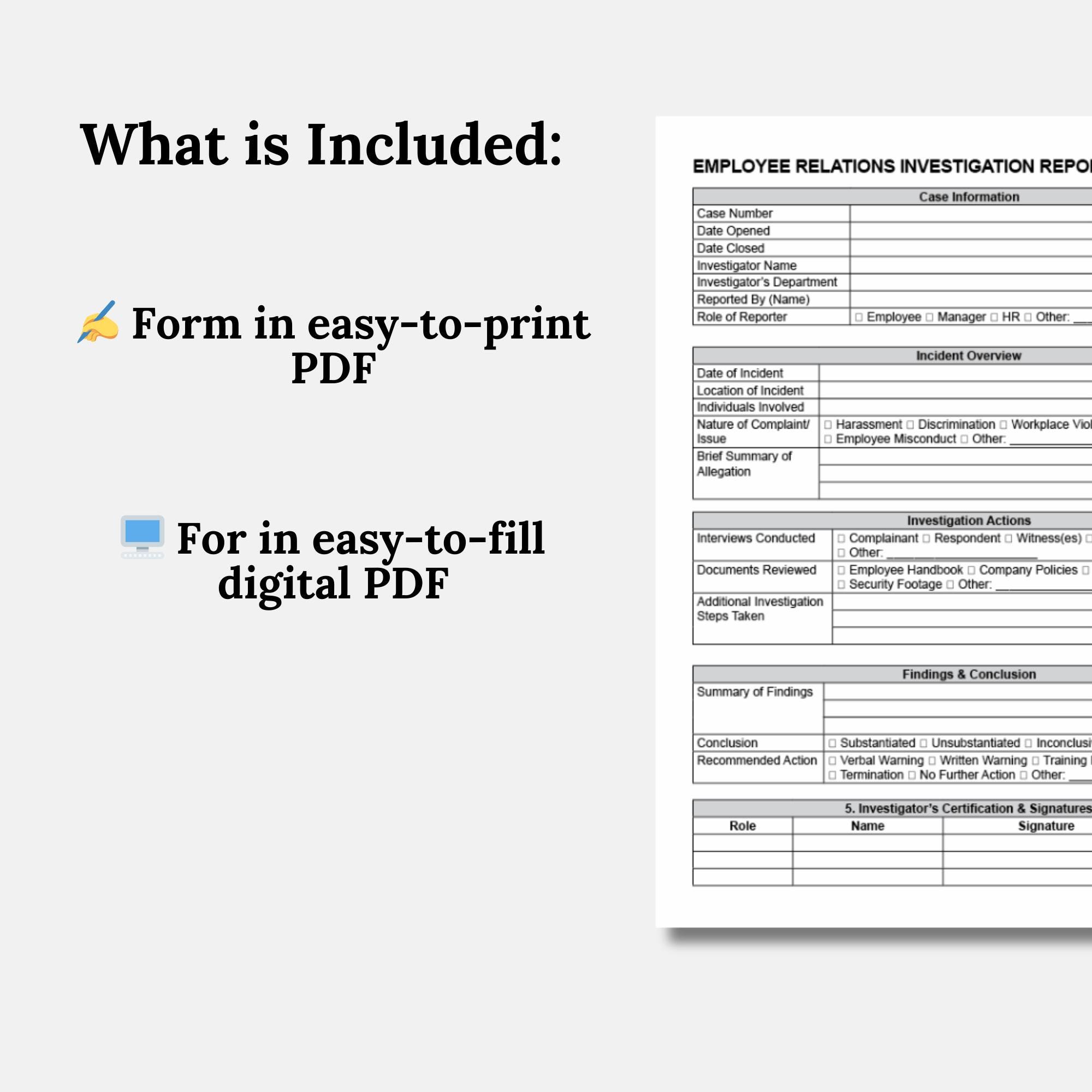 Employee Relations Investigation Report | Fillable Digital HR Form ...