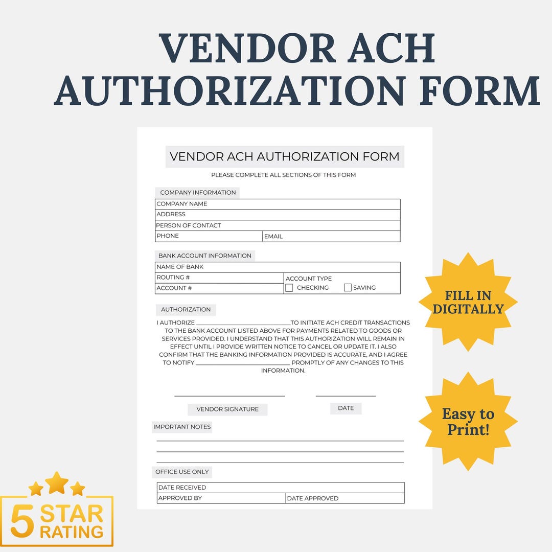Vendor ACH Authorization Form | Fillable PDF & Printable Template | Secure Payment Setup for ...